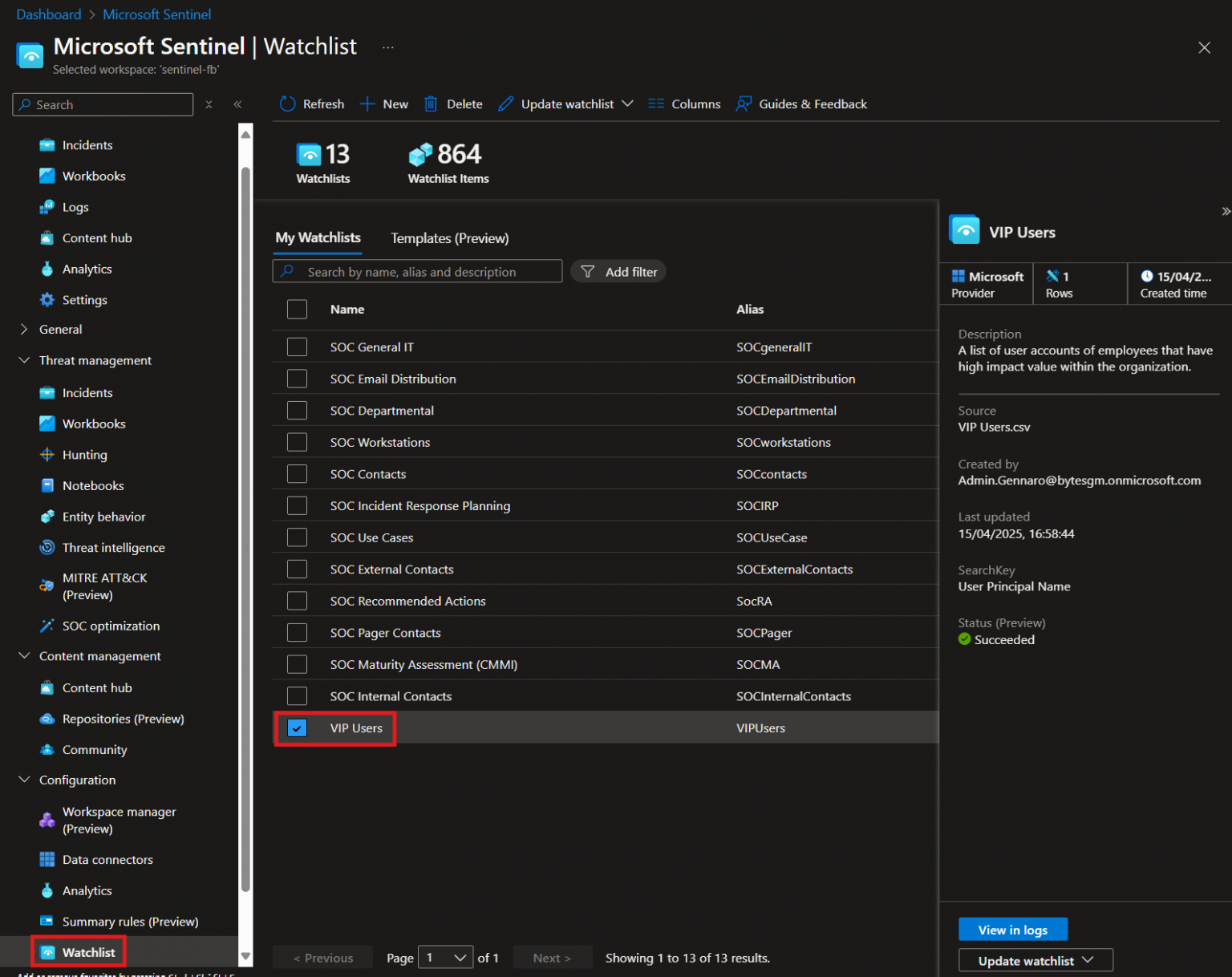 Microsoft Sentinel - Using Watchlists - Gennaro Migliaccio